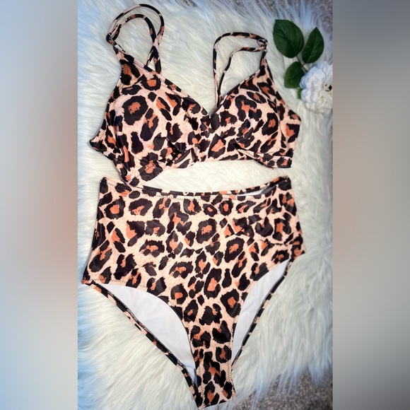 Amazon | Swim | Highwaisted Twopiece Leopard Animal Print Bikini ...